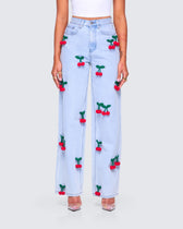 Light Blue Cherry Print Jeans - Straight Leg Denim – FINESSE
