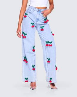 Light Blue Cherry Print Jeans - Straight Leg Denim – FINESSE