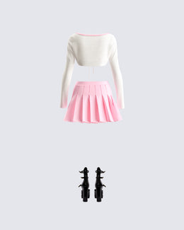 Pink White Two-Piece Set - Cropped Cardigan Pleated Skirt – FINESSE