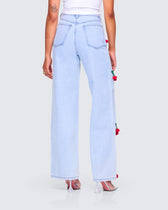 Light Blue Cherry Print Jeans - Straight Leg Denim – FINESSE