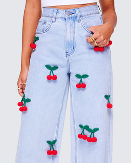 Light Blue Cherry Print Jeans - Straight Leg Denim – FINESSE
