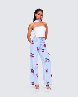 Light Blue Cherry Print Jeans - Straight Leg Denim – FINESSE