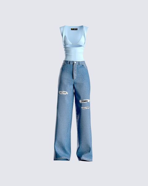 Indie Baby Blue Jersey Cut Out Top