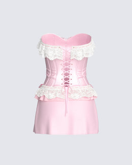 Pink Satin Corset Mini Dress - Lace Ruffle Lingerie Style – FINESSE