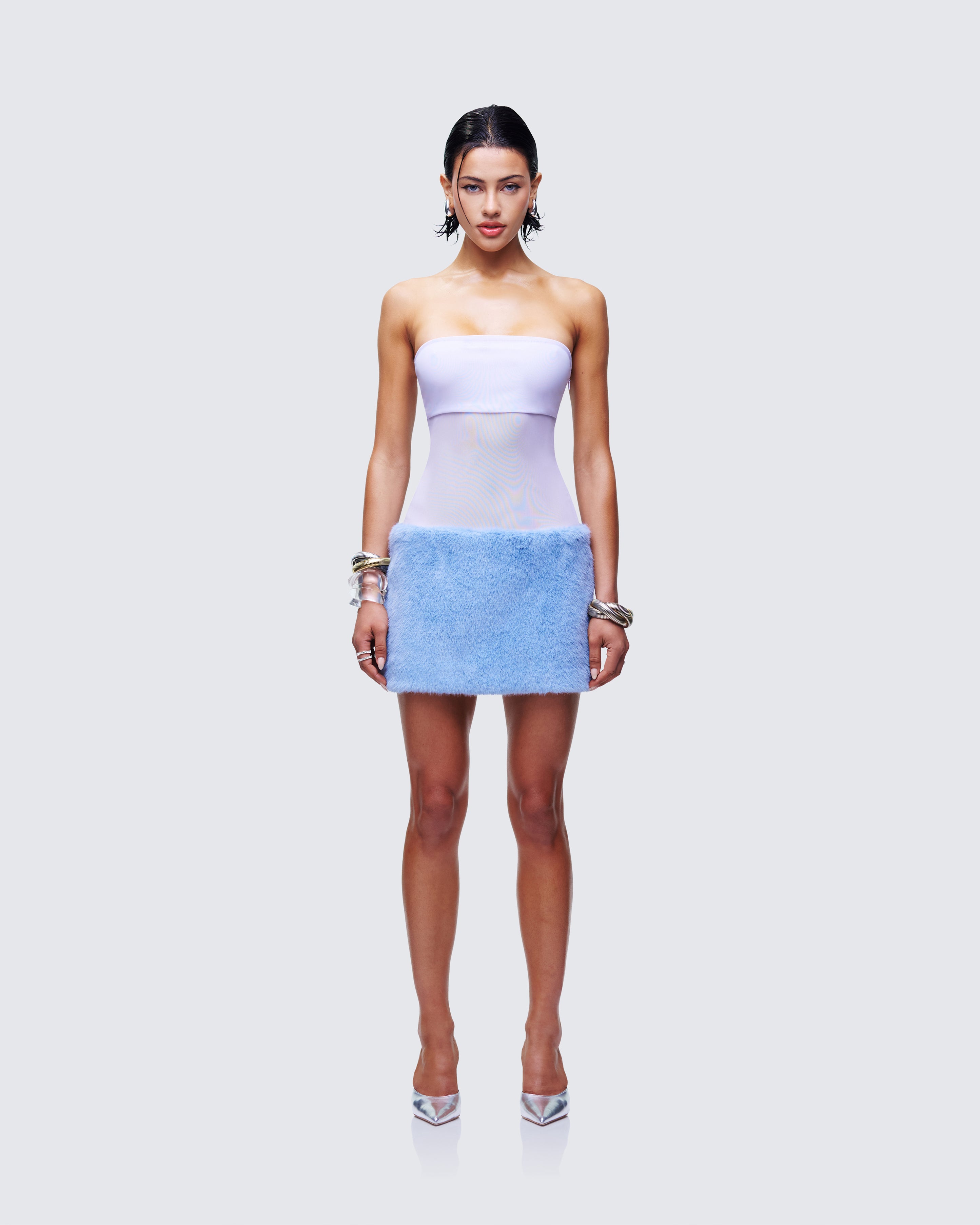 Blue Faux Fur Mini Dress - Strapless Party Dress – FINESSE