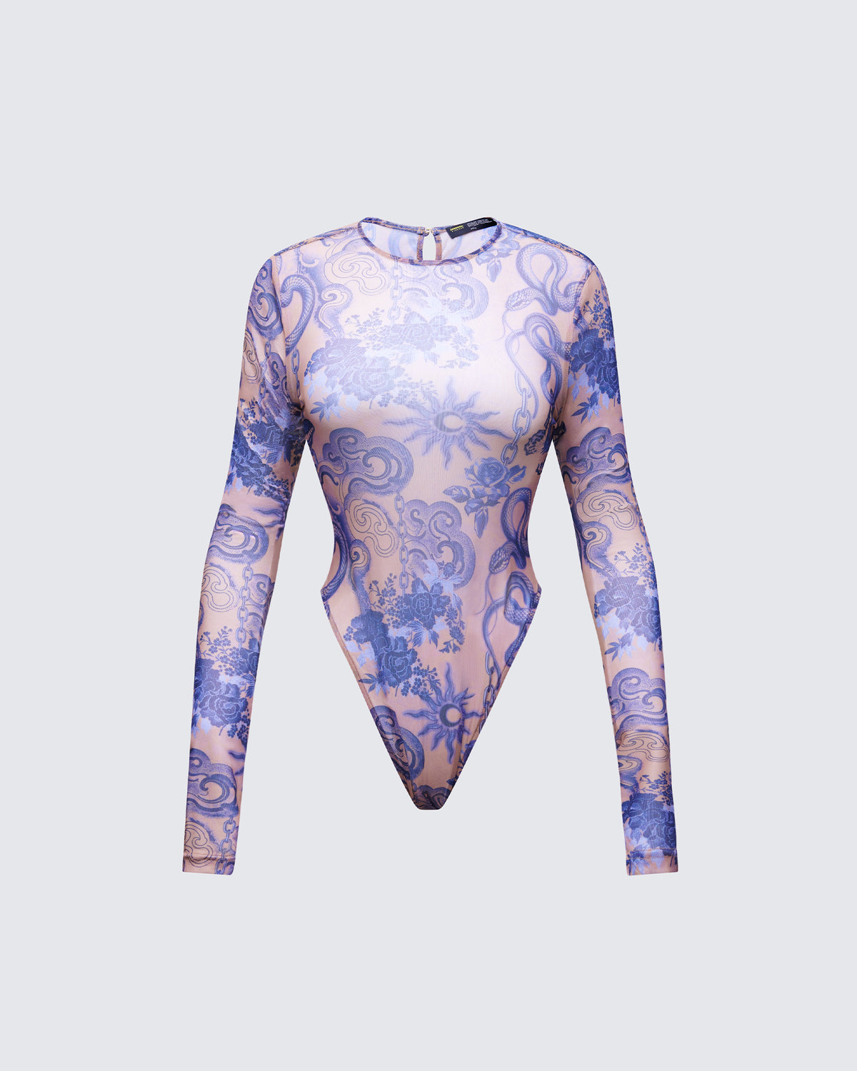 Blue Mesh Bodysuit - Sheer Tattoo Print Long Sleeve – FINESSE