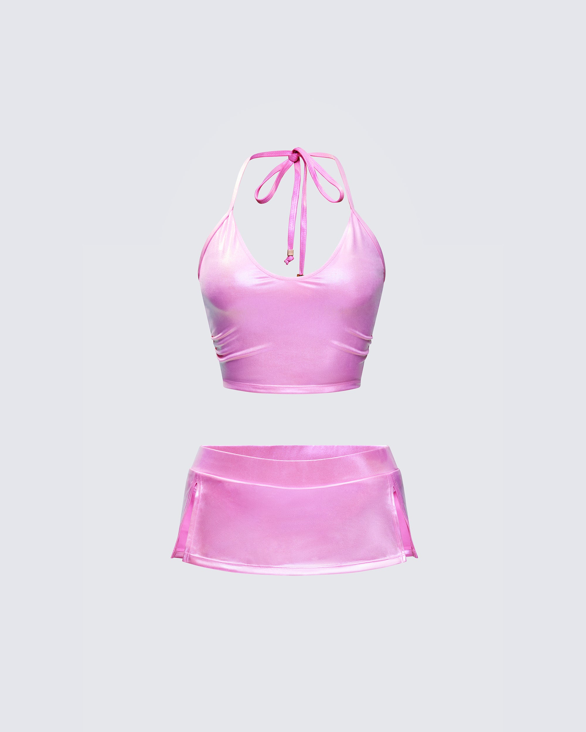 Pink Metallic Bikini Set - Halter Top + Mini Skirt Swim – FINESSE