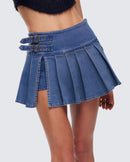 Blue Denim Pleated Micro Mini Skirt - Buckle Detail – FINESSE