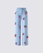 Light Blue Cherry Print Jeans - Straight Leg Denim – FINESSE