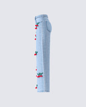 Light Blue Cherry Print Jeans - Straight Leg Denim – FINESSE