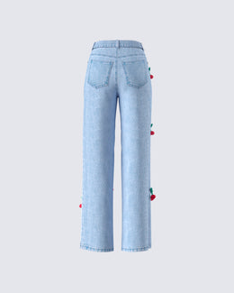 Light Blue Cherry Print Jeans - Straight Leg Denim – FINESSE