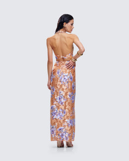 Orange Floral Burnout Maxi Dress - Halter Garden Party – FINESSE