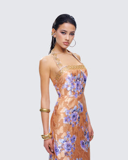 Orange Floral Burnout Maxi Dress - Halter Garden Party – FINESSE