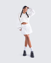 White Two-Piece Skirt Set - Cropped Pullover + Pleated Mini – FINESSE