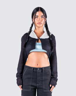 Black Fuzzy Cardigan - Mint Fur Collar Crop Top – FINESSE