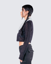 Black Fuzzy Cardigan - Mint Fur Collar Crop Top – FINESSE