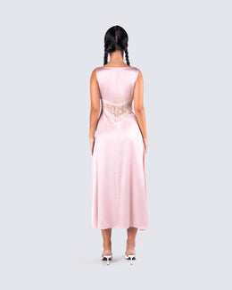 Saba Pink Satin Lace Midi Dress – FINESSE