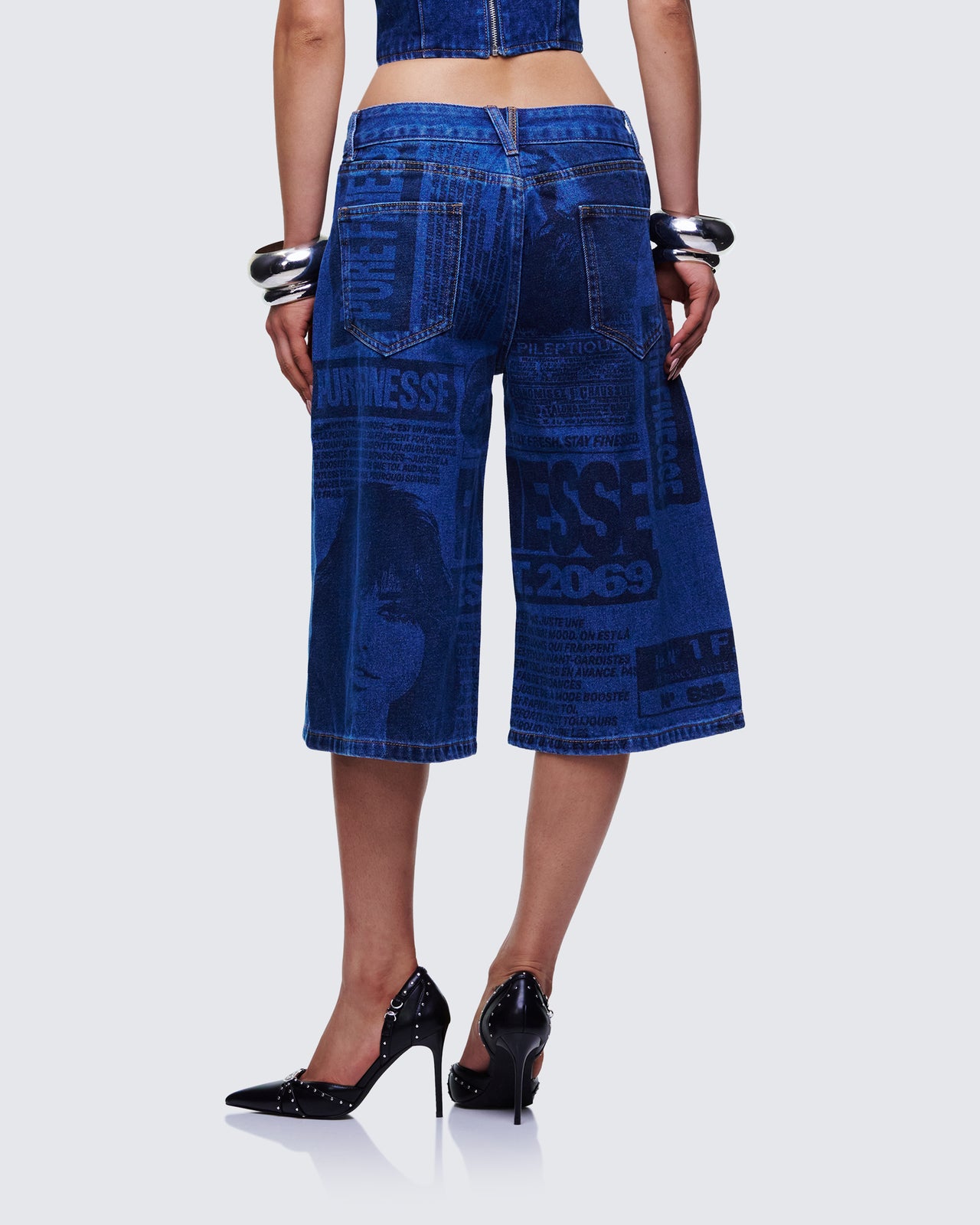 Blue Denim Corset Set - Lace-Up Top + Wide Leg Shorts – FINESSE