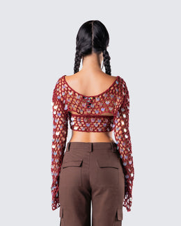 Maroon Crochet Crop Top - Long Sleeve Cutout – FINESSE