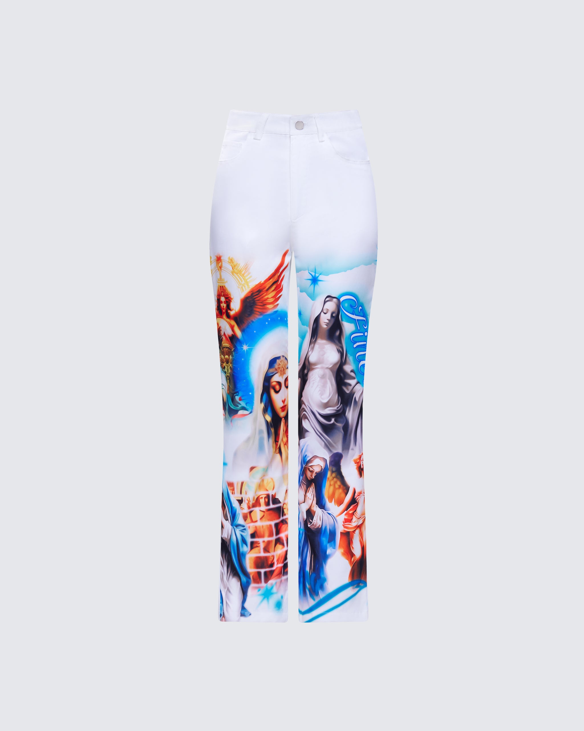 Religious Print Wide Leg Pants - Statement Art Denim – FINESSE