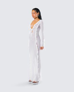 White Mesh Maxi Dress - Plunge V-Neck Bell Sleeve – FINESSE