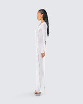 White Mesh Maxi Dress - Plunge V-Neck Bell Sleeve – FINESSE