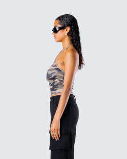 Green Camo Halter Top - Tie Neck Fitted Tank – FINESSE