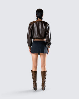 Brown Vegan Leather Bomber Jacket & Pleated Skirt Set – FINESSE