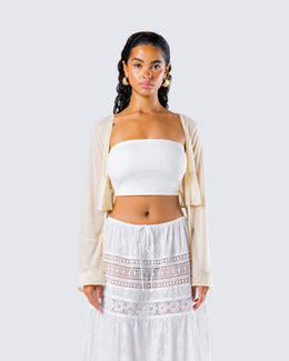 Cream Mesh Long Sleeve Crop Top - Sheer Tie Front – FINESSE