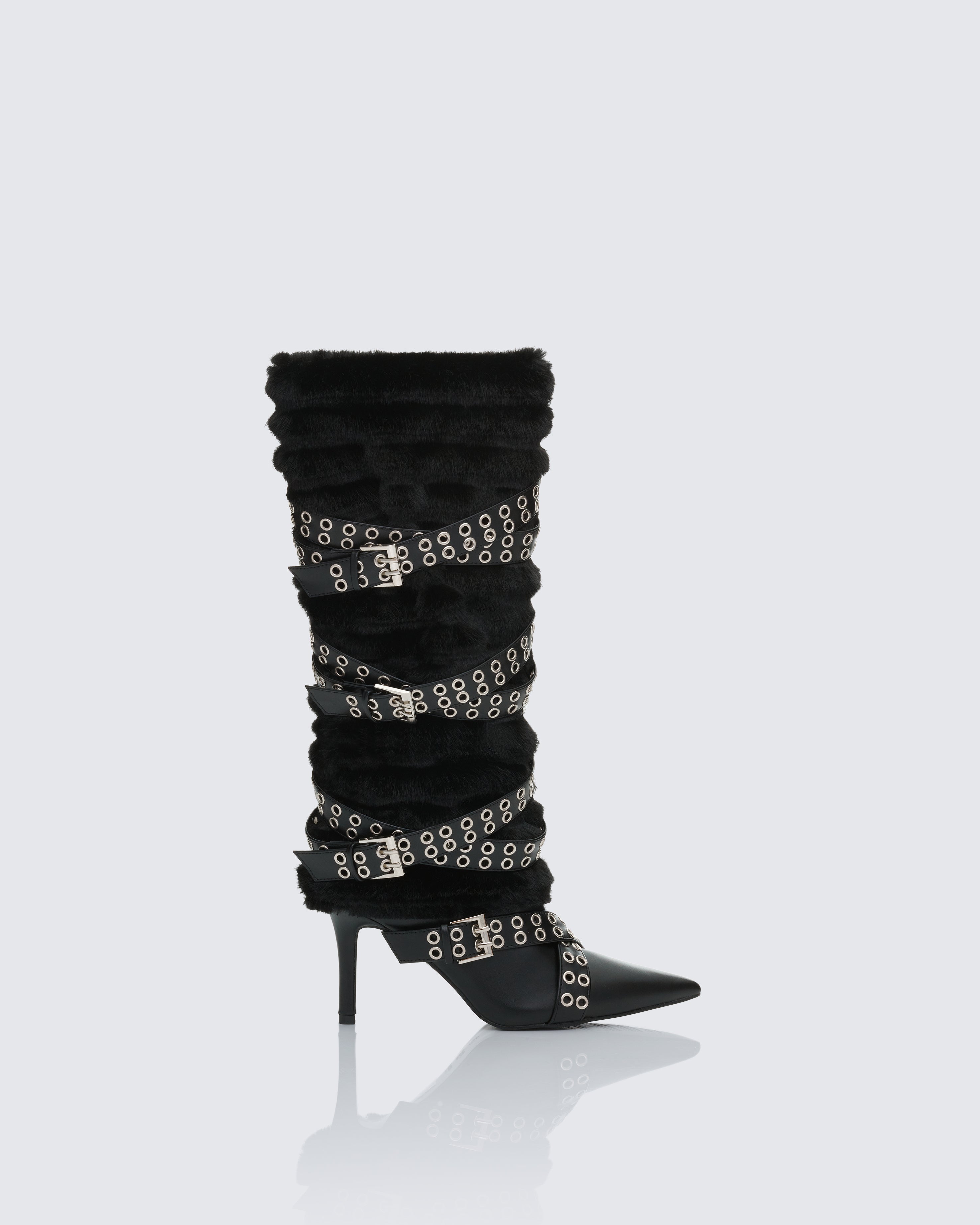 Namira Black Fur Knee High Buckle Strapped Boot – FINESSE