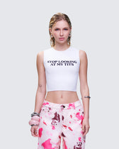 White Ribbed Graphic Tank Top - Fitted Crop – FINESSE