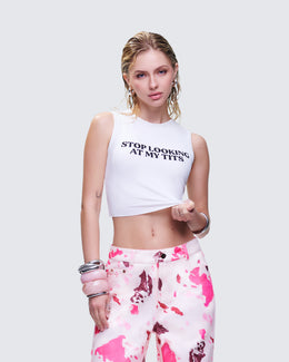 White Ribbed Graphic Tank Top - Fitted Crop – FINESSE