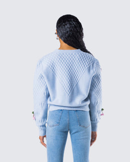 Blue Cardigan with Cherry Appliqué - Cropped Knit Sweater – FINESSE