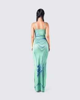 Green Mesh Maxi Dress - Abstract Print Bodycon Slip – FINESSE