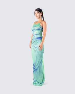 Green Mesh Maxi Dress - Abstract Print Bodycon Slip – FINESSE