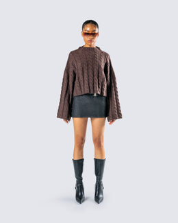 Brown Cable Knit Sweater Skirt Set - Cozy Two-Piece – FINESSE