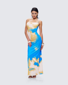 Blue Tie Dye Maxi Dress - Cowl Neck Slip Dress – FINESSE