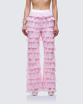 Pink Ruffle Tier Pants - Sheer Lace Trim Wide Leg – FINESSE