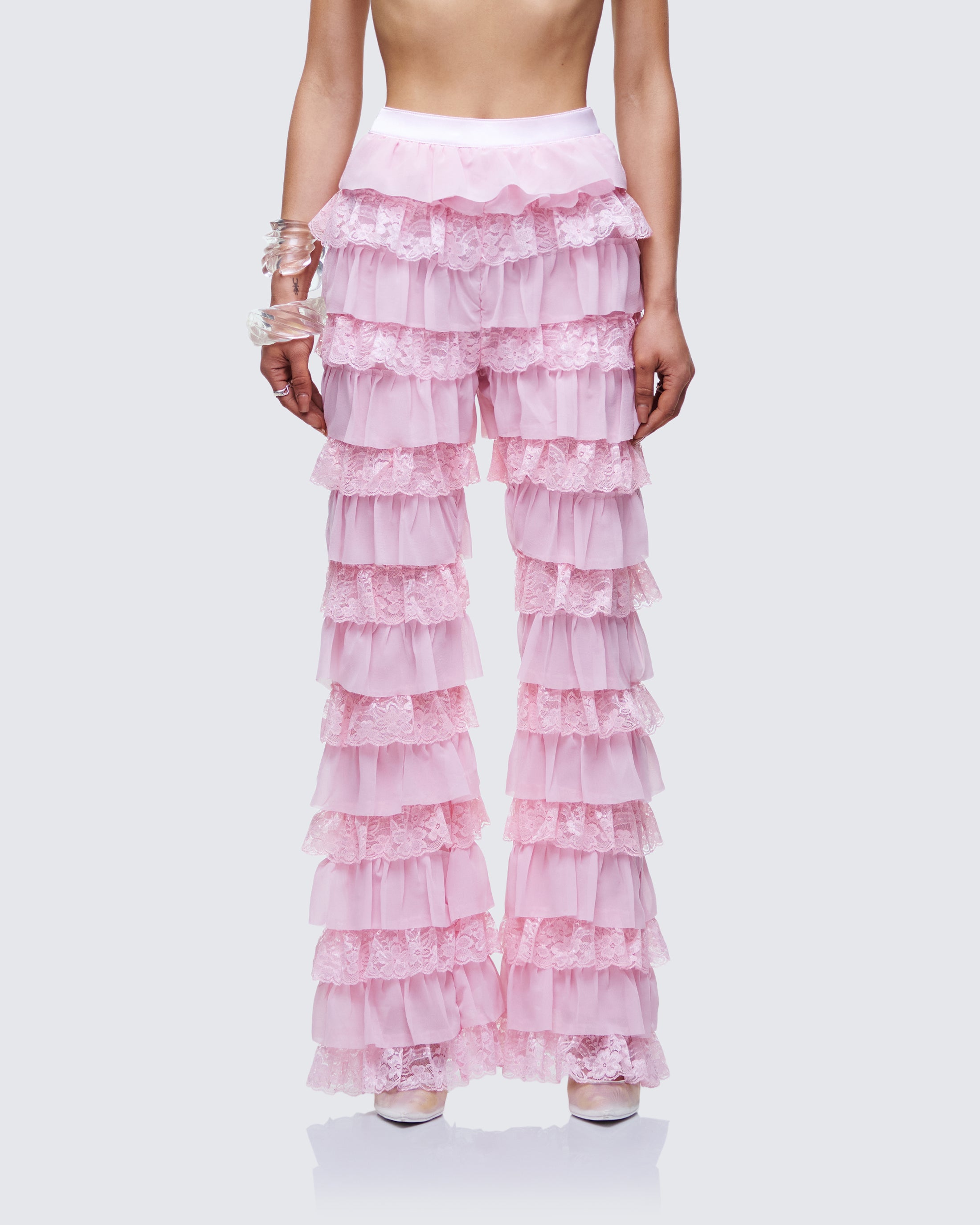 Pink Ruffle Tier Pants - Sheer Lace Trim Wide Leg – FINESSE