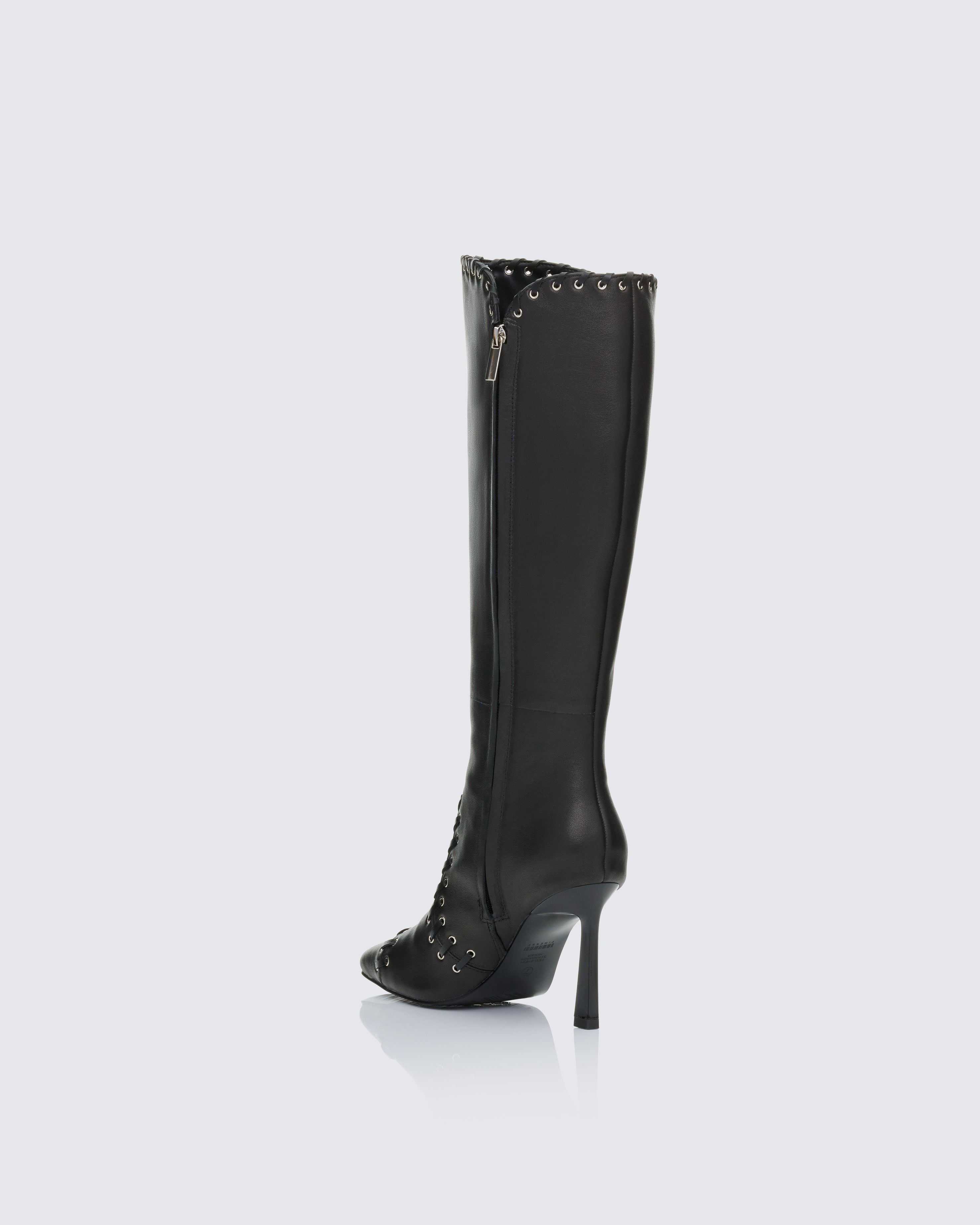 Gray Leather Knee High Boots Stiletto Heel Pointed Toe – FINESSE