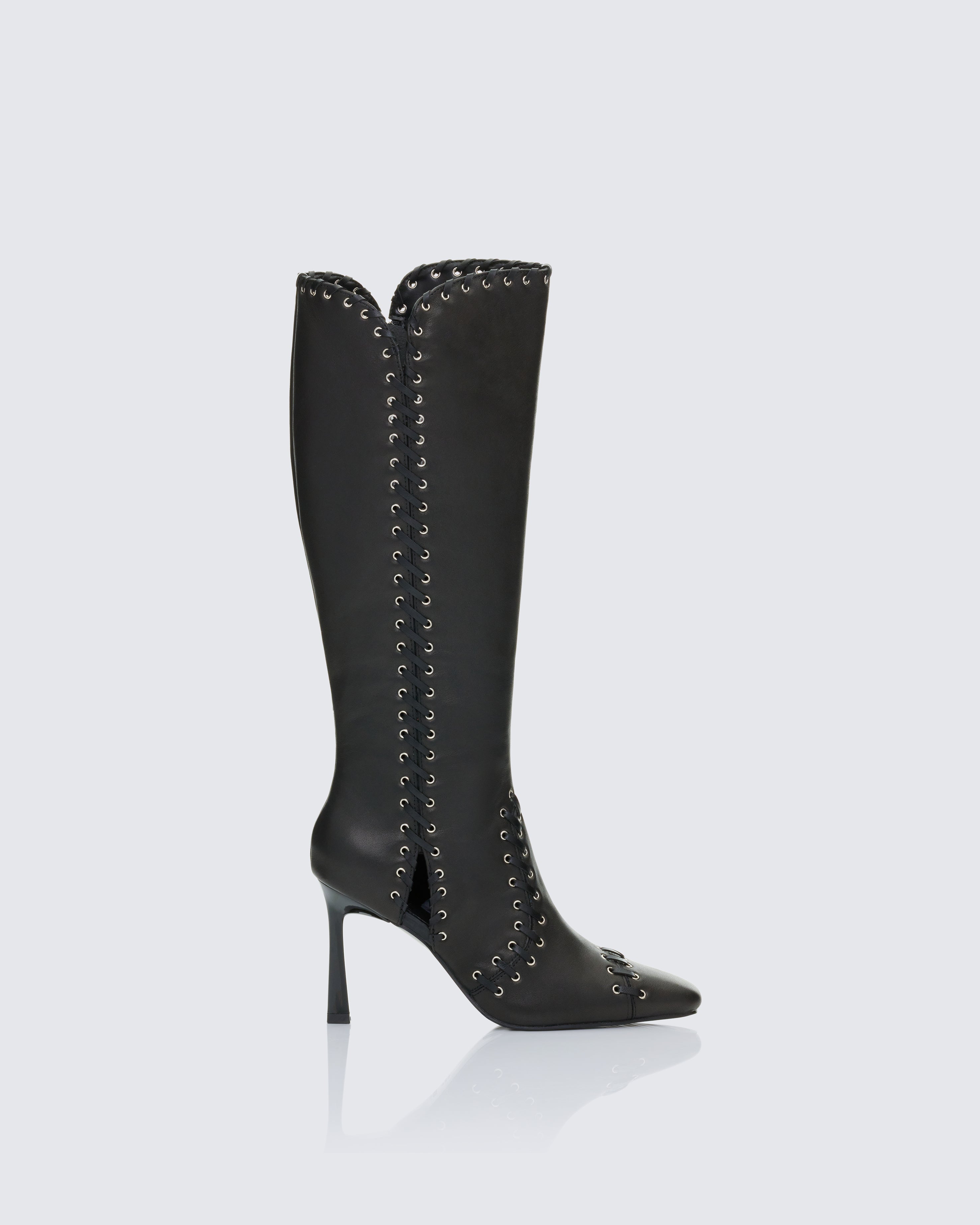 Gray Leather Knee High Boots Stiletto Heel Pointed Toe – FINESSE