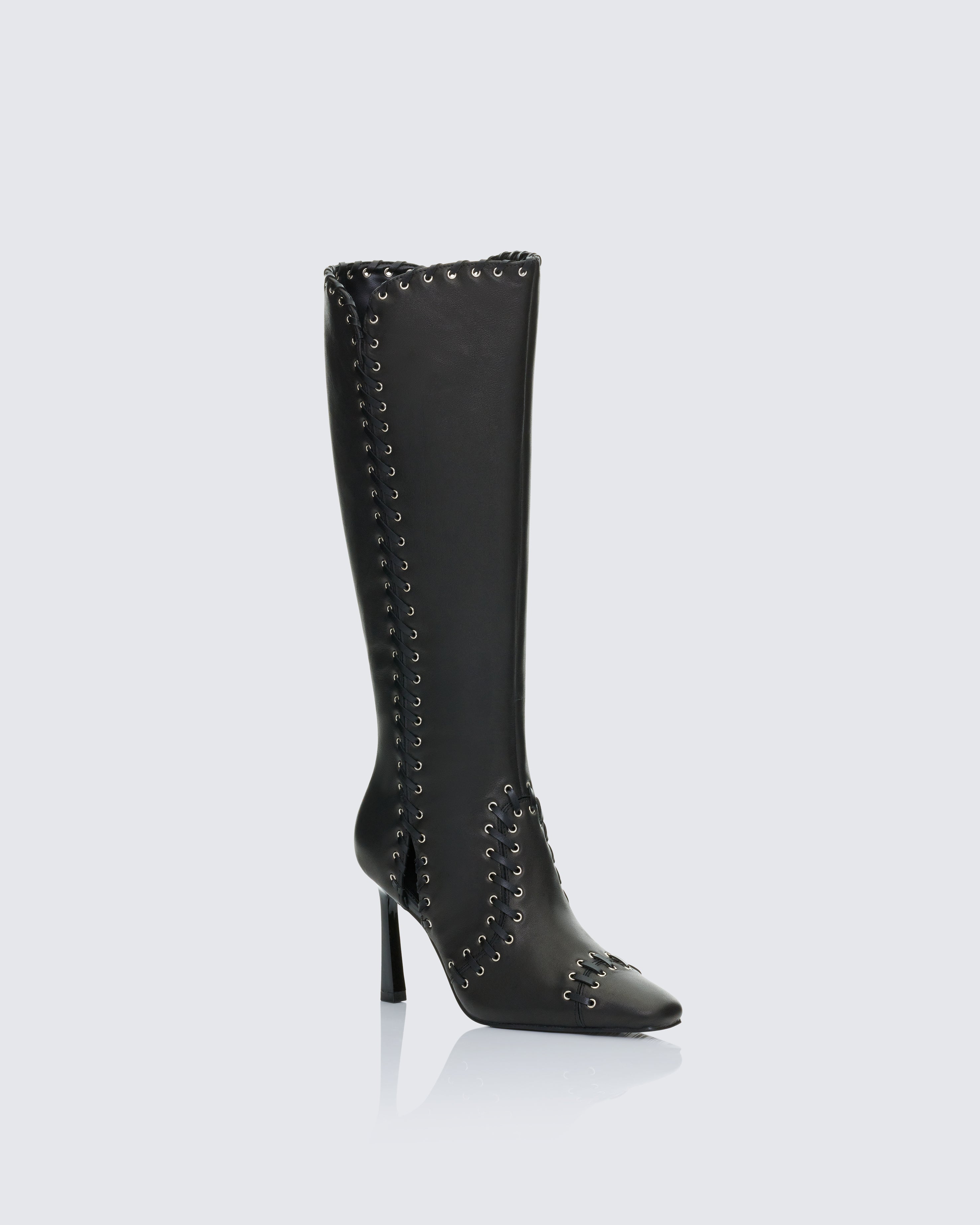 Gray Leather Knee High Boots Stiletto Heel Pointed Toe – FINESSE