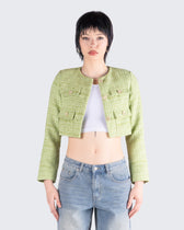 Women's Green Tweed Crop Jacket | FINESSE