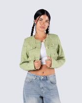 Green Tweed Jacket & Wide Leg Jeans Set - Spring Chic – FINESSE