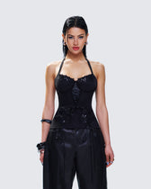 Yelina Black Halter Lace Up Top – FINESSE