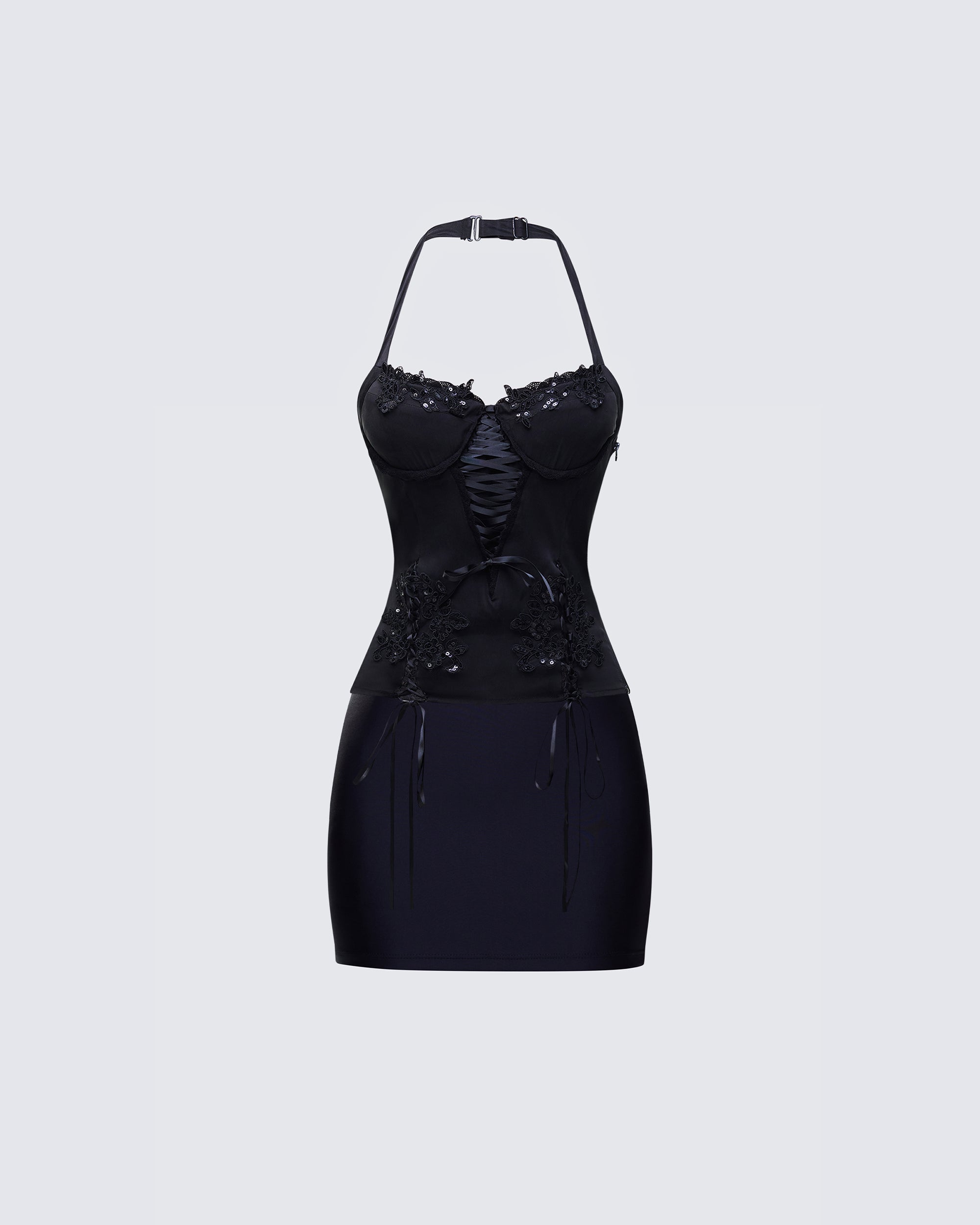 Black Lace Halter Corset Top with Lace-Up Details – FINESSE