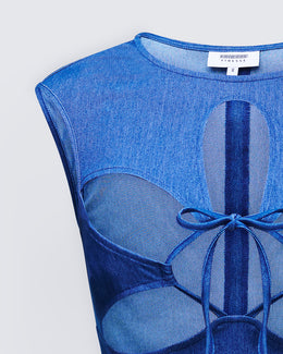 Blue Denim Star Cutout Top - Sheer Mesh Panel Blouse – FINESSE