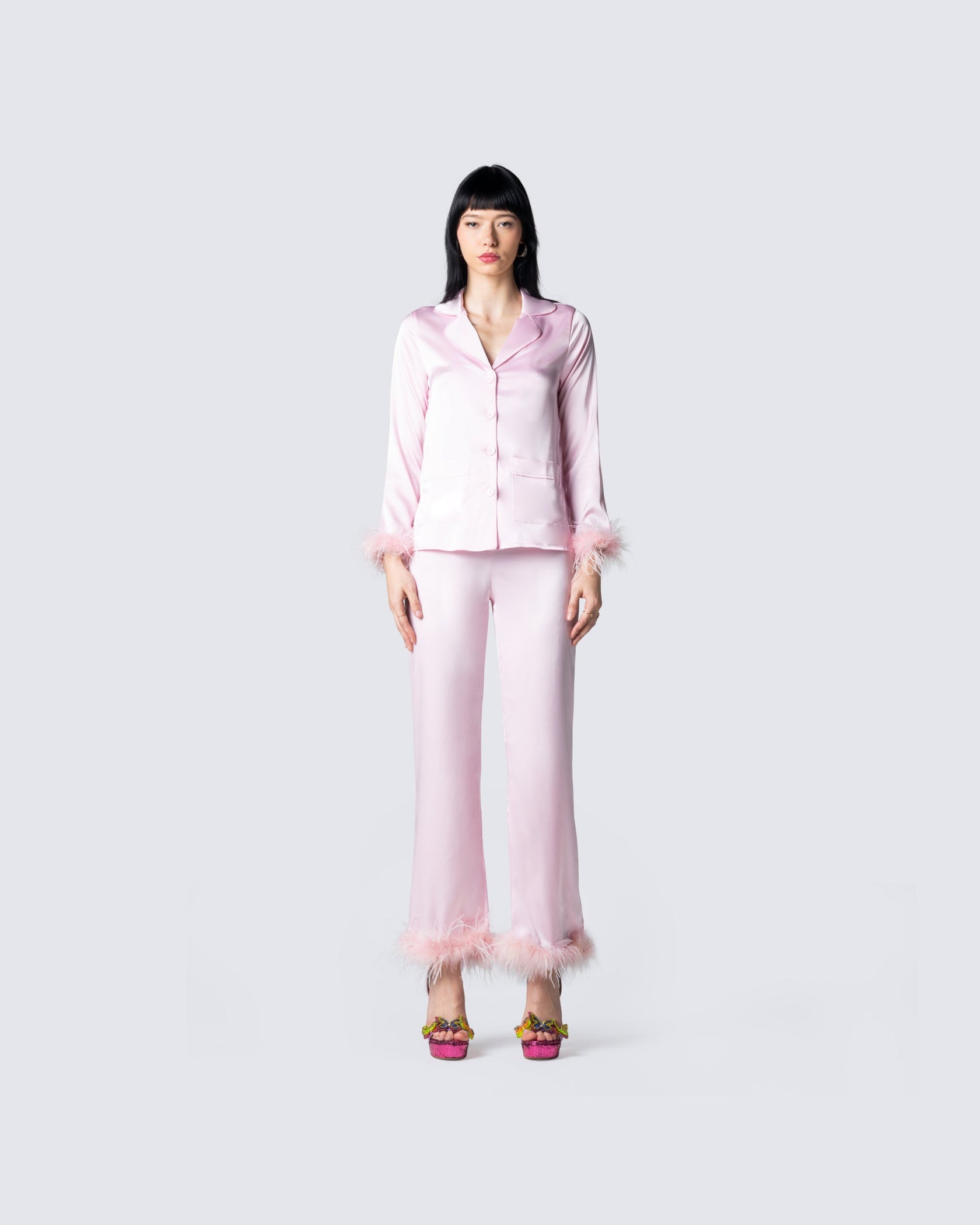 Pink Satin Pajama Shirt - Feather Cuff Lounge – FINESSE